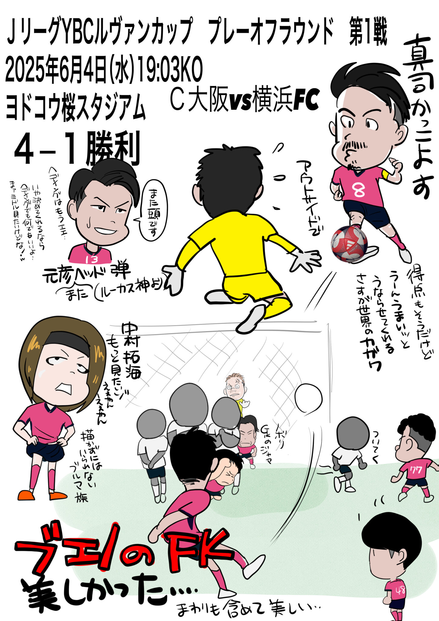 JリーグYBCルヴァンカップ プレーオフラウンド 第1戦2025年6月4日（水）19:03KOC大阪vs横浜FC ヨドコウ桜スタジアム 4-1勝利 - らくがきくん